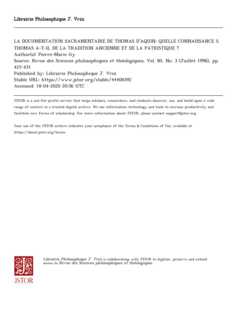 Connaissance de la Tradition chez Thomas d'Aquin | PDF | Sacrement ...