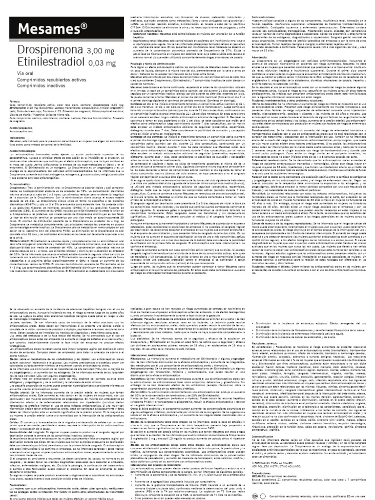 Contraindicaciones y uso de Mesames | PDF | Píldora anticonceptiva oral ...