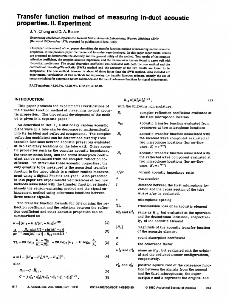 1980 Transfer Function Method of Measuring in Duct Acoustic Properties II Theory | PDF | Waves ...