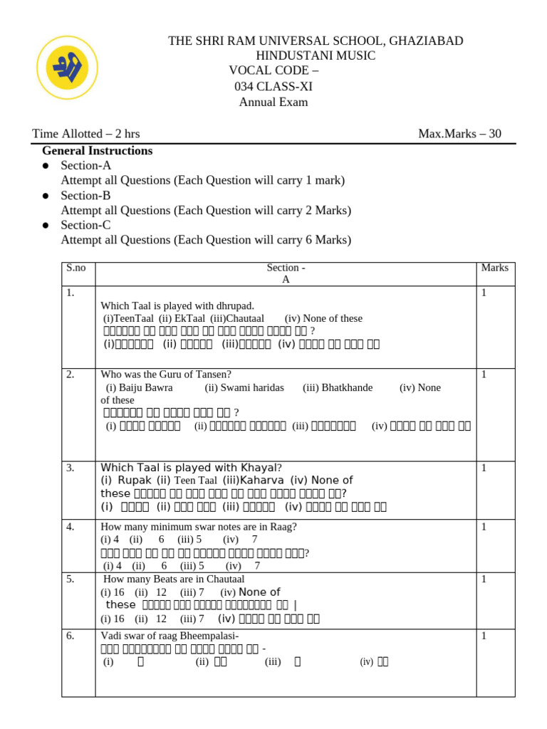 Class Xi TH Music ANNUAL EXAM | PDF