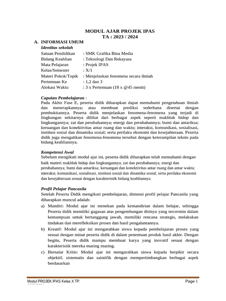 Modul Ajar Projek Ipas Teknologi Dan Rekayasa | PDF