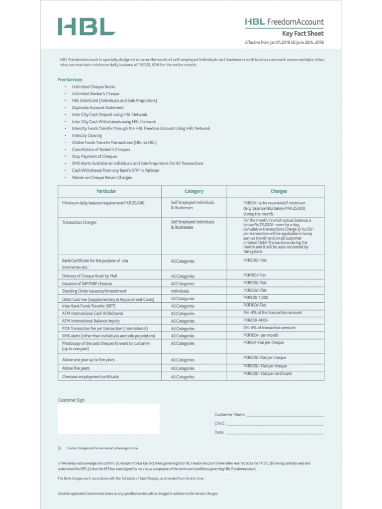 Key Fact Sheet (HBL FreedomAccount) - January 2018 | PDF