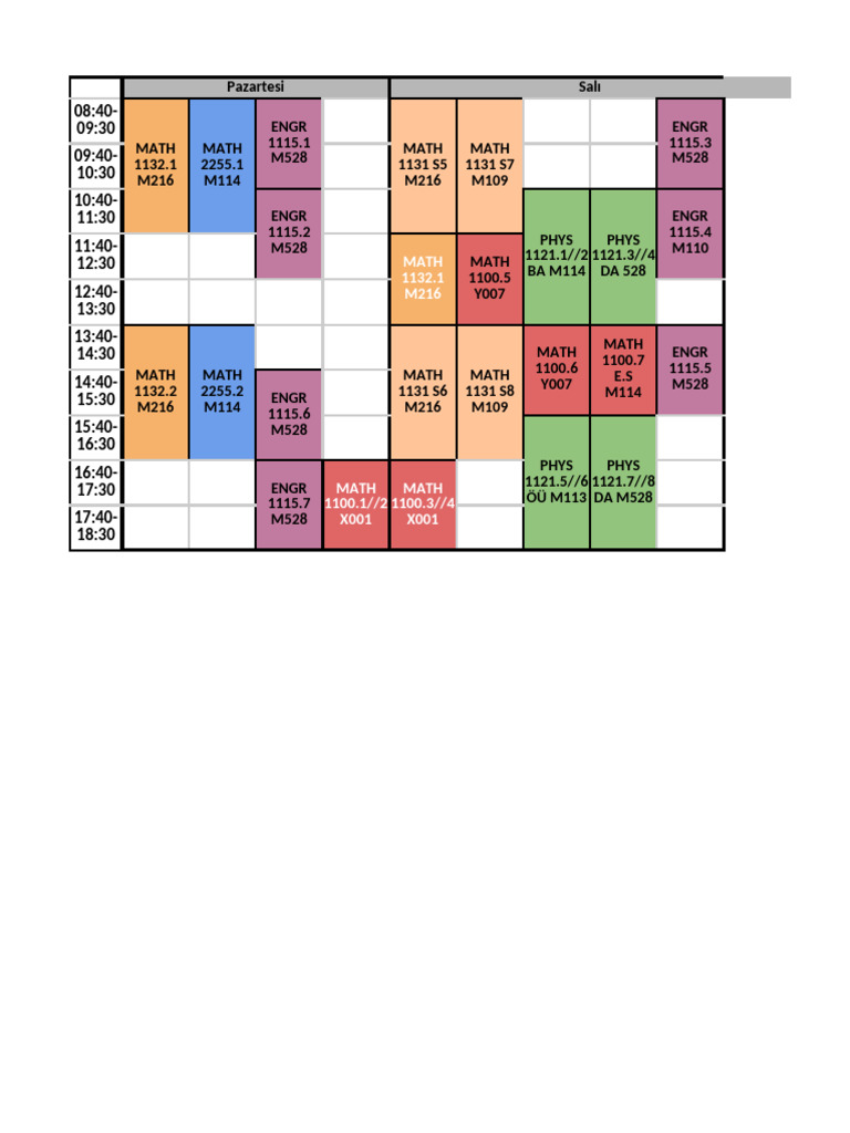Weekly Class Schedule Overview | PDF