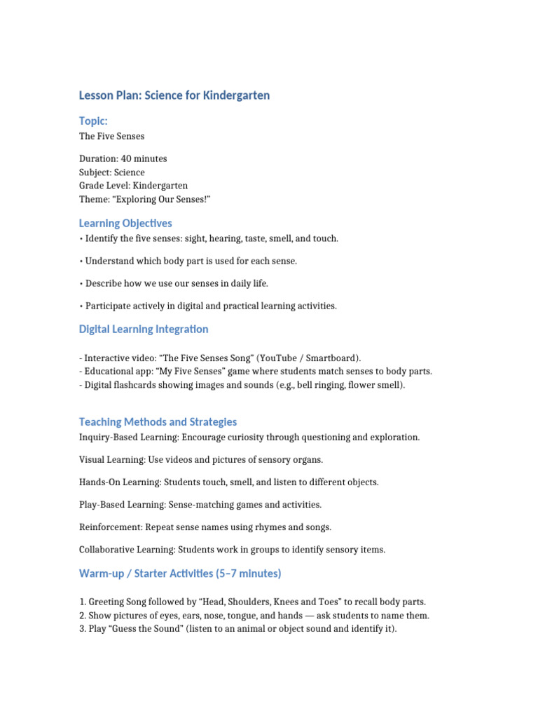 Kindergarten Science Lesson Plan | PDF | Senses | Taste