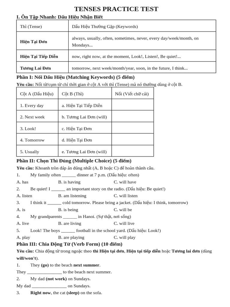 Tenses Practice Test | PDF