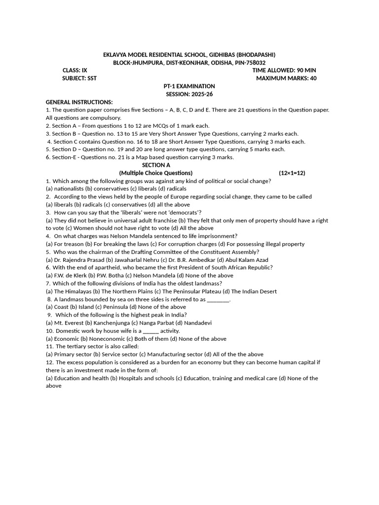 Class 9 SST PT-2 Question Paper | PDF