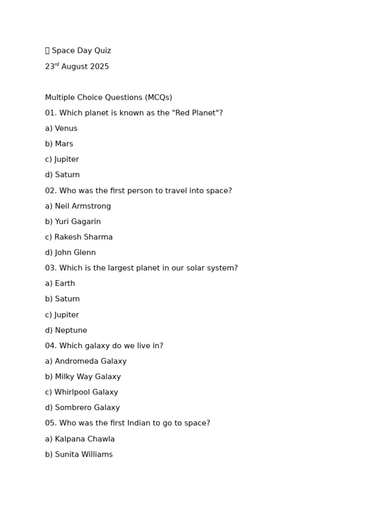 Space Day Quiz | PDF