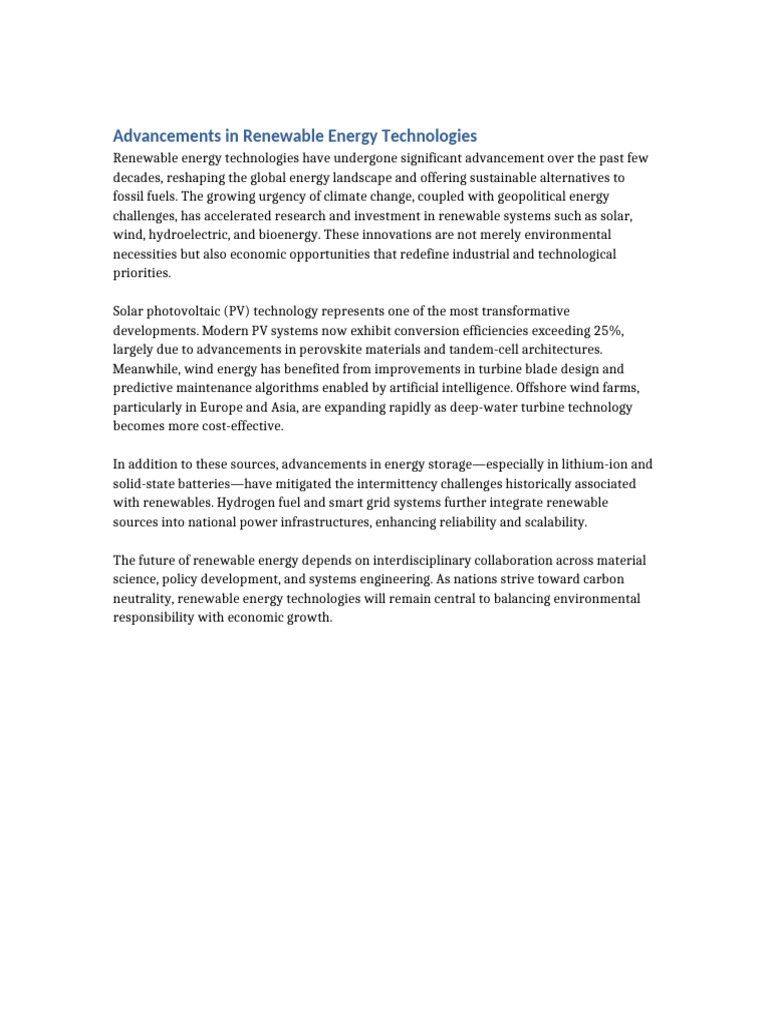 Innovations in Renewable Energy Tech | PDF