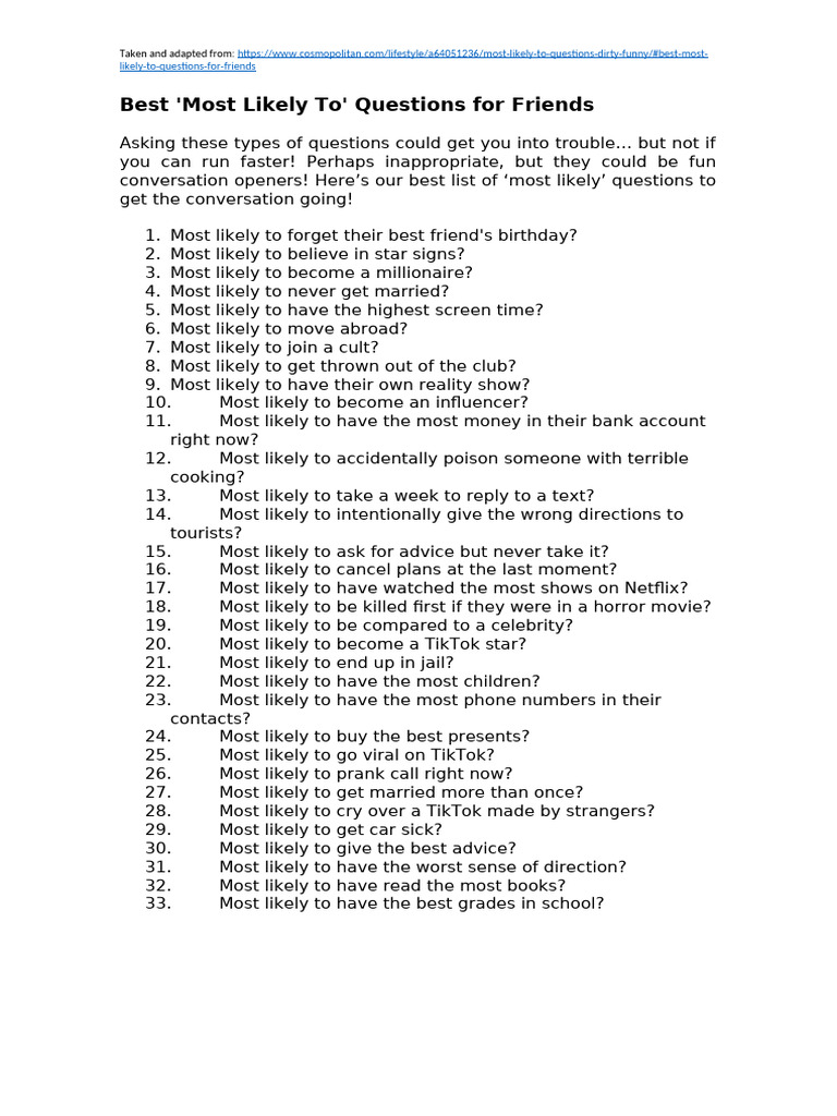 Fun 'Most Likely To' Questions for Friends | PDF