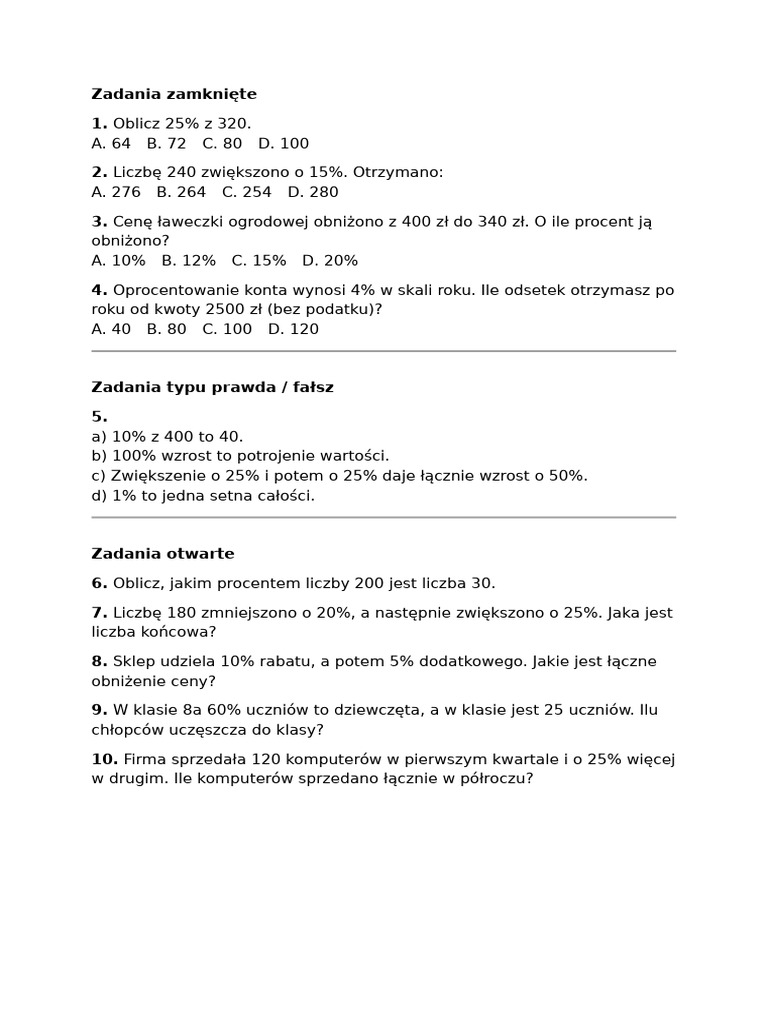 Matematyka Kl. 8 - Procenty I Obliczenia Procentowe | PDF