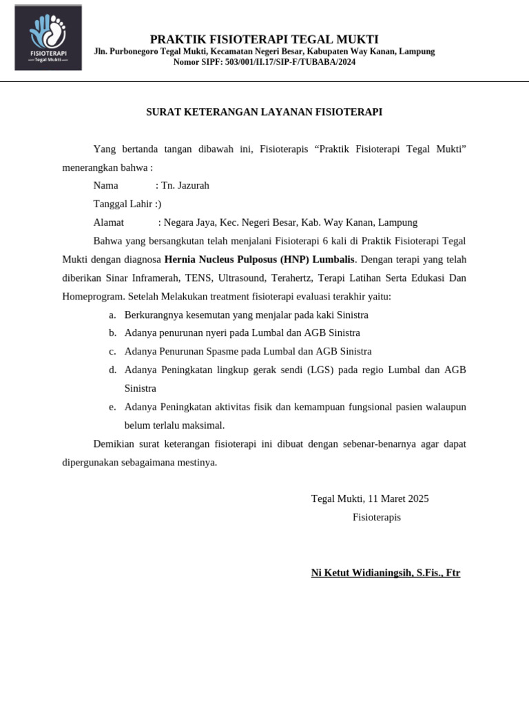 Surat Keterangan Fisioterapi HNP | PDF