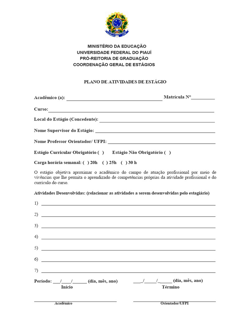 Plano de Estágio da UFPI: Atividades e Objetivos | PDF