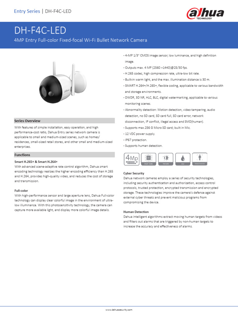 Fisa Tehnica Camera Supraveghere Wireless IP WiFi Dahua Full Color F4C ...