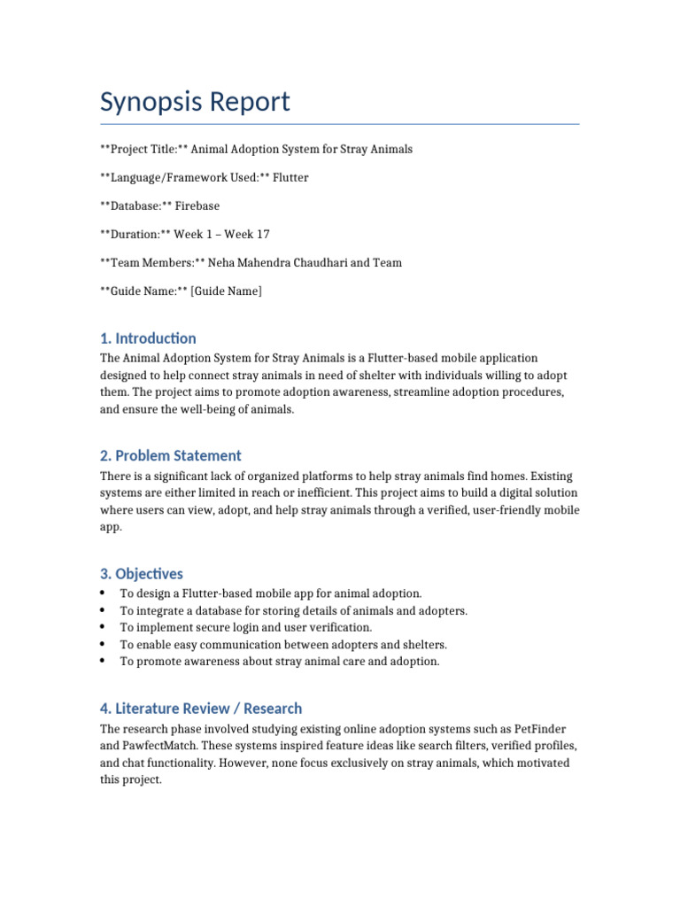 Synopsis Report Animal Adoption System | PDF | Databases | Usability