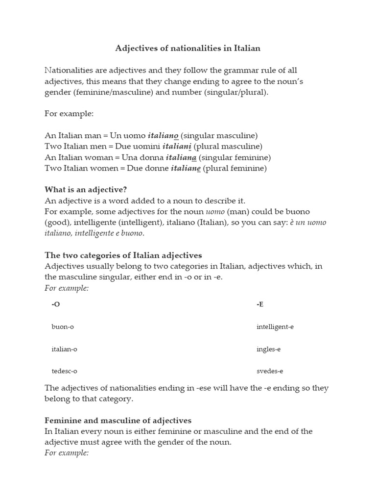 Adjectives of Nationalities in Italian | PDF | Grammatical Gender ...