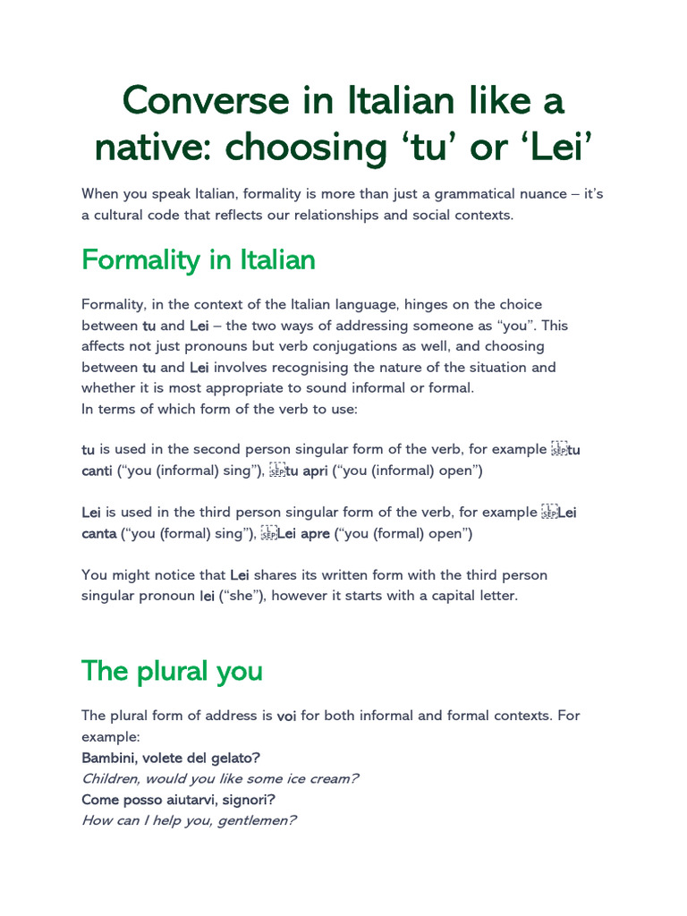 Understanding 'Tu' and 'Lei' in Italian | PDF | Grammatical Number ...