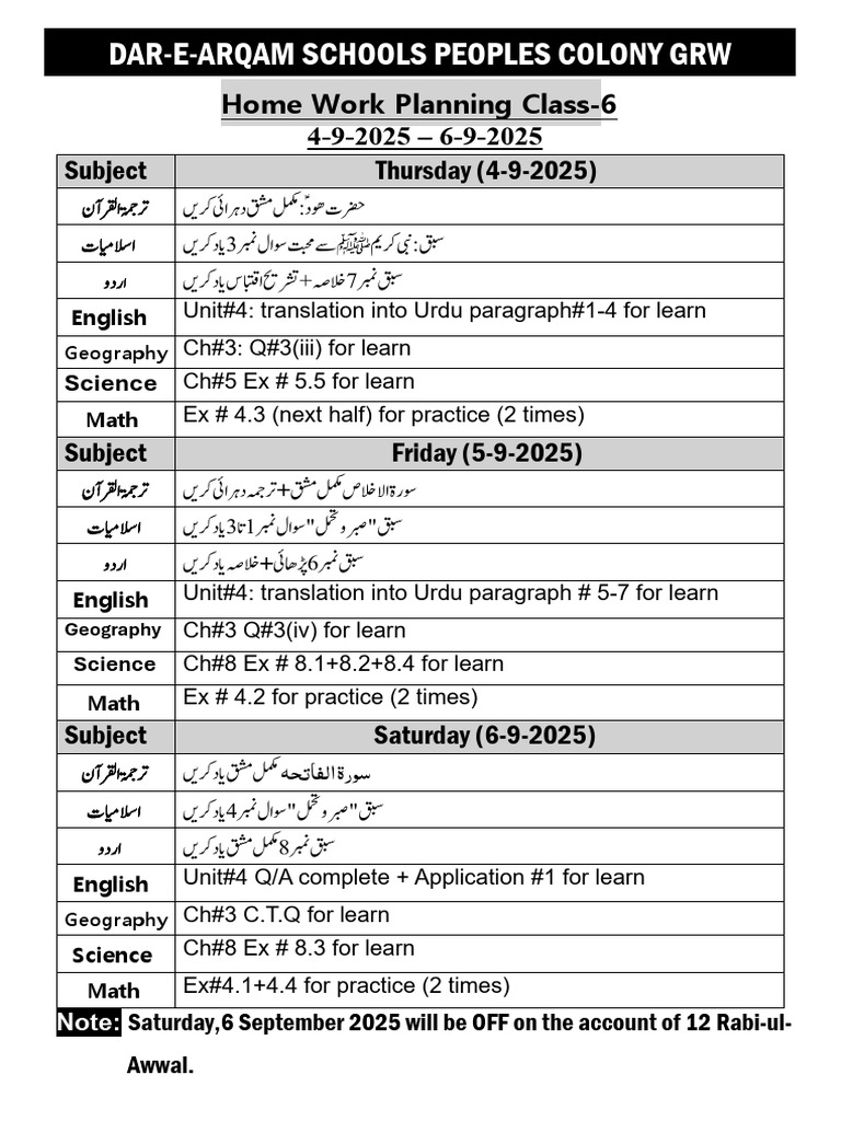 Class 6 Homework Schedule: 4-6 Sept 2025 | PDF