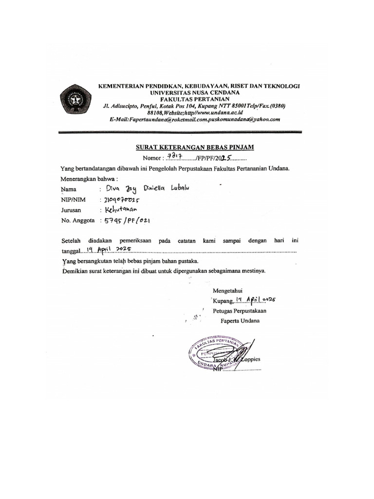 Surat Keterangan Bebas Pinjam Perpus Faperta | PDF