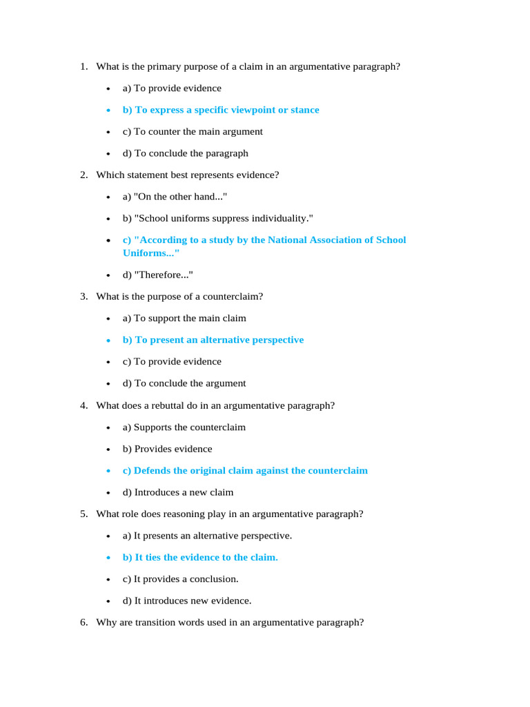 Quizzes For An Argumentative Paragraph | PDF | Argument | Reason