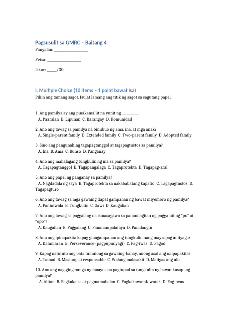 GMRC Summative Test Grade4 | PDF