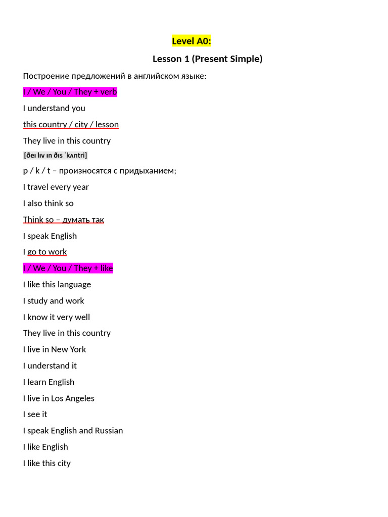 English A0 Level: Present Simple Lessons | PDF