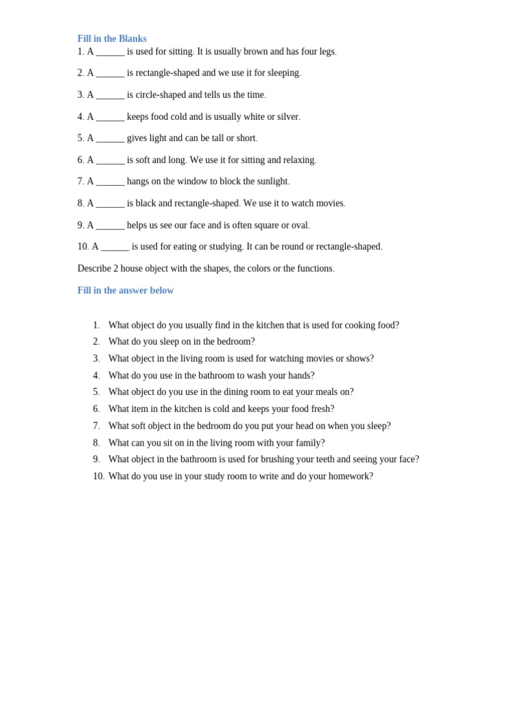 House Objects Worksheet | PDF