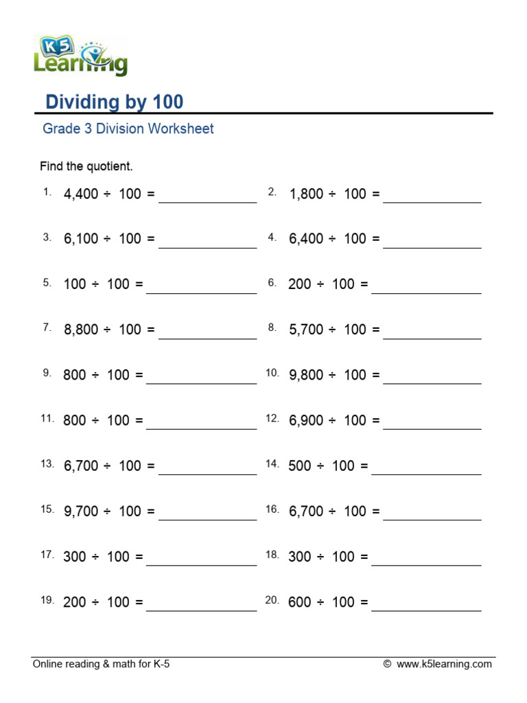Grade 3 Dividing by 100 Worksheet | PDF