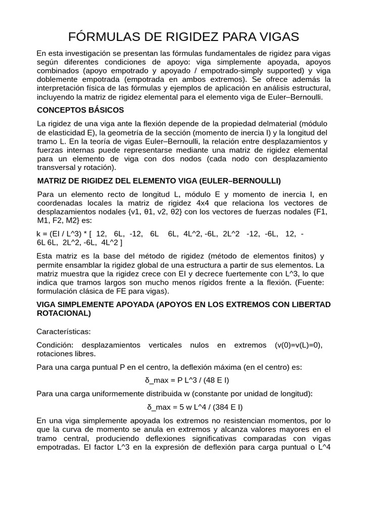 Fórmulas de Rigidez para Vigas | PDF | Rigidez | Viga (Estructura)