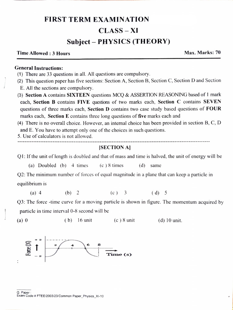 Class XI Physics First Term Exam Paper | PDF | Force | Friction