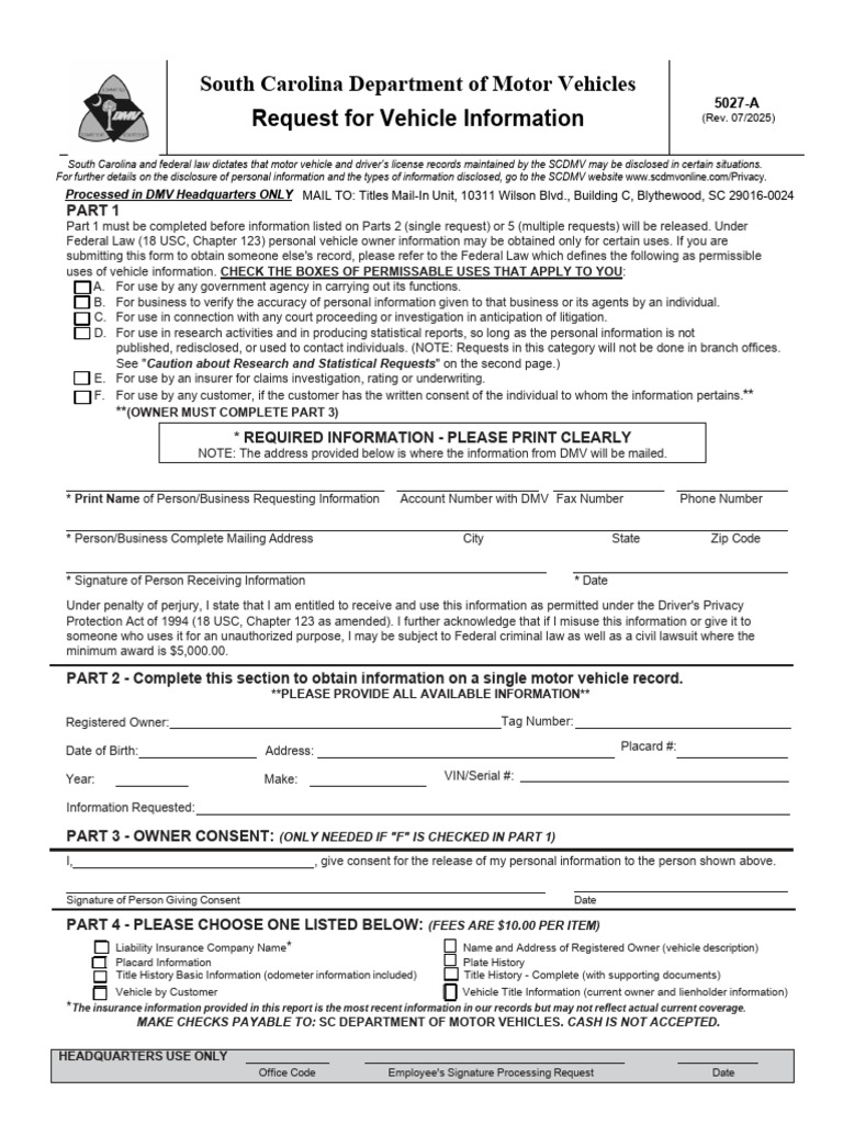 SC DMV Vehicle Information Request Form | PDF | Department Of Motor ...