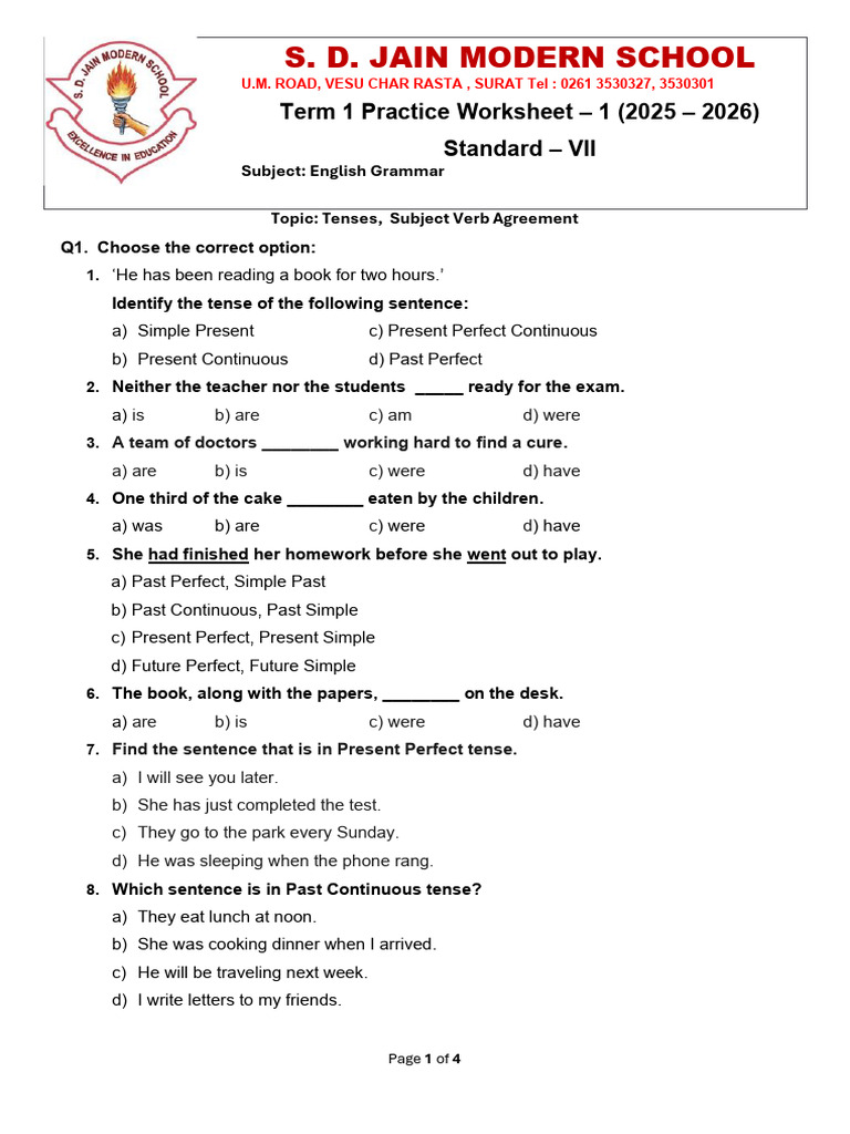 English Grammar Worksheet: Tenses & Agreement | PDF | Grammatical Tense ...