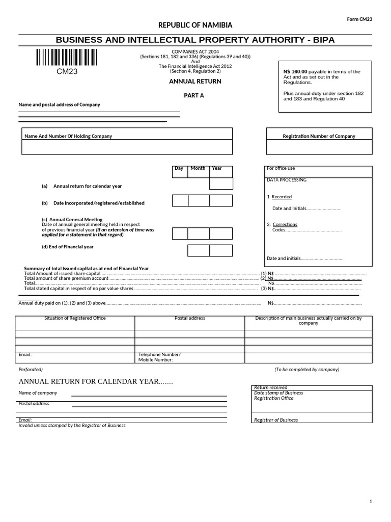 Annual Return CM23 Form Namibia | PDF | Shareholders | Business