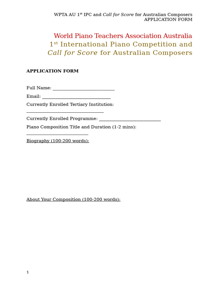 Application Form WPTA AU 1st Call For Score For AU Composers | PDF