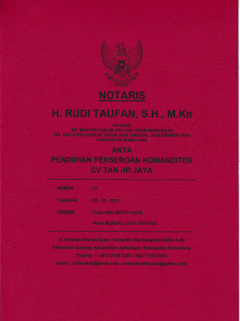 Akta Salinan Pendirian CV TAN HR JAYA | PDF