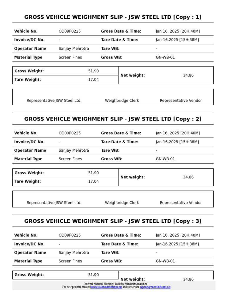 JSW Steel Gross Vehicle Weighment Slip | PDF | Civil Engineering ...