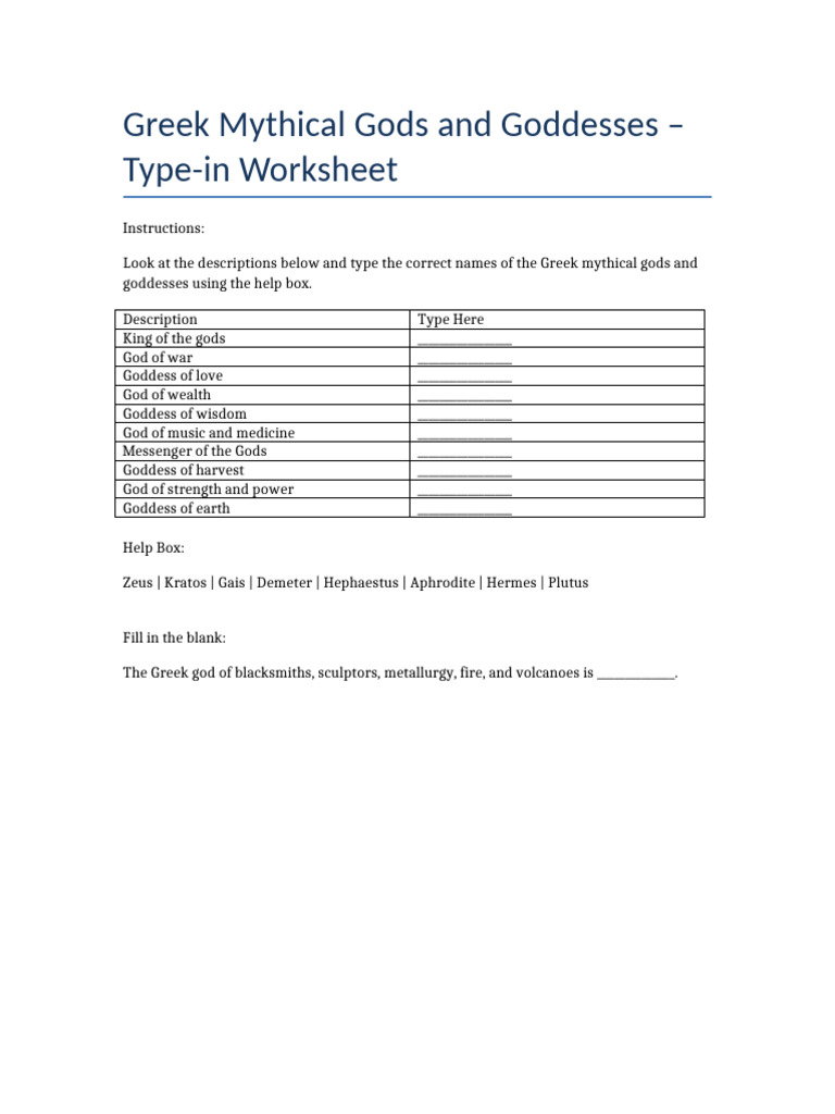Greek Mythical Gods Worksheet | PDF