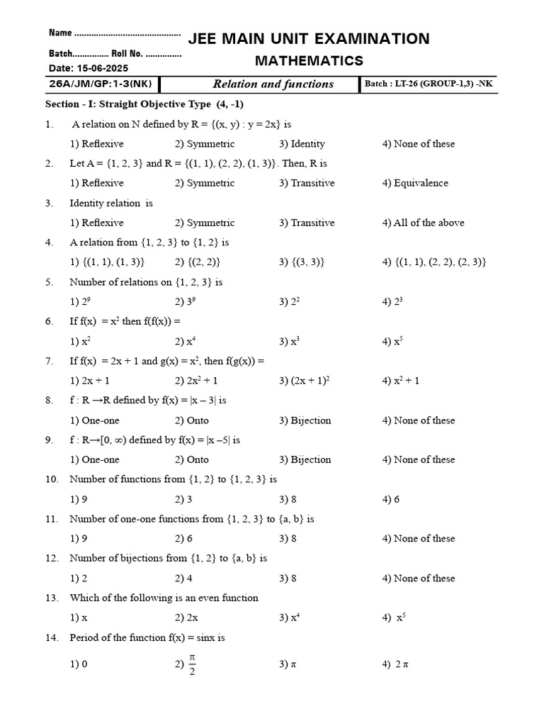 JEE MAIN (Relation & Function) 15-06-2025 (LT26 SP & ONE YR (G1-7) ) | PDF | Mathematical ...