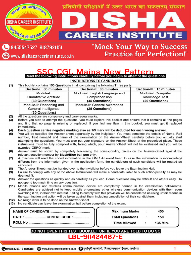 Ssc Cgl Mains New Pattern 20-E-disha Career Institute | PDF