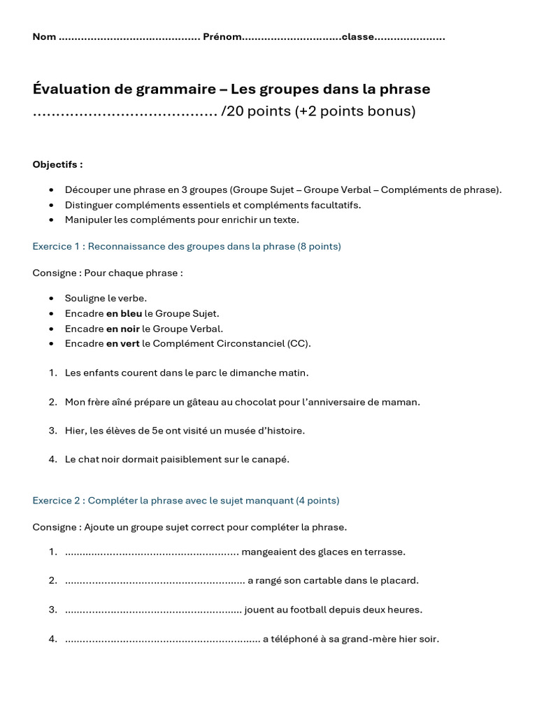 Évaluation sur les groupes dans la phrase | PDF | Sujet (Grammaire ...