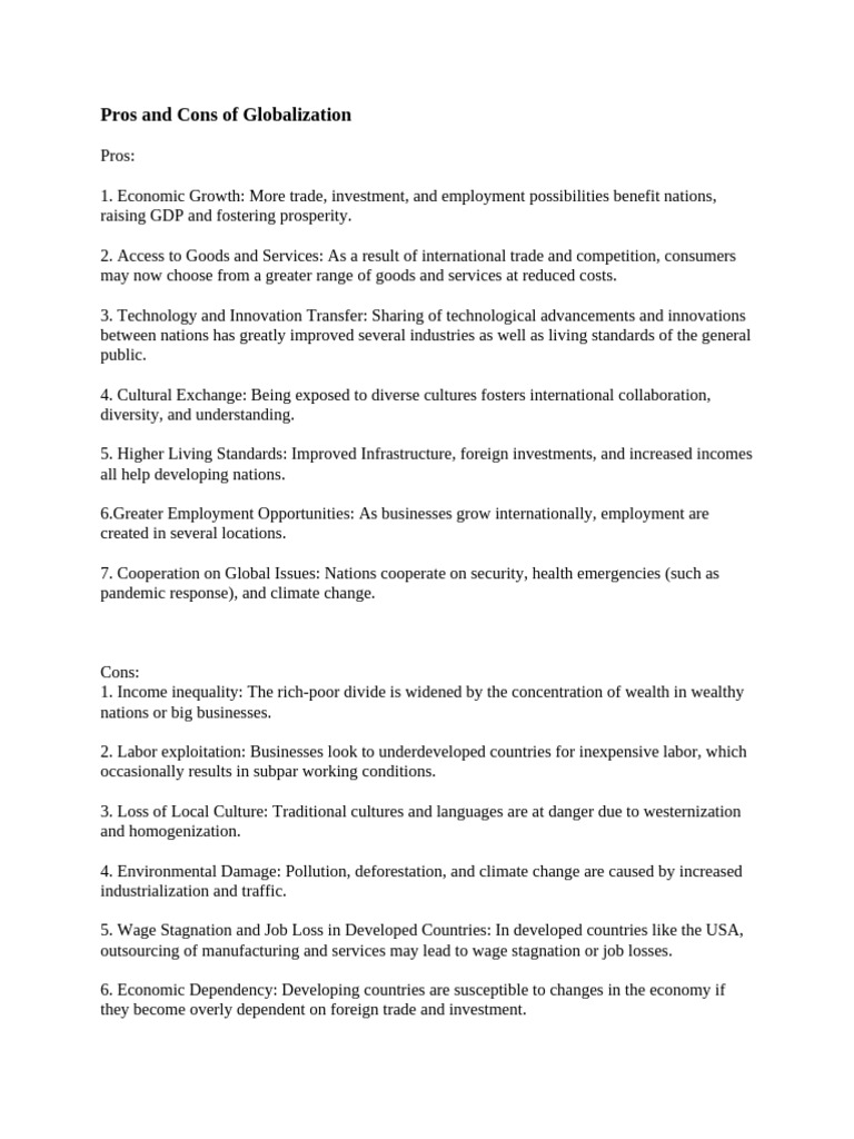 Pros and Cons of Globalization | PDF