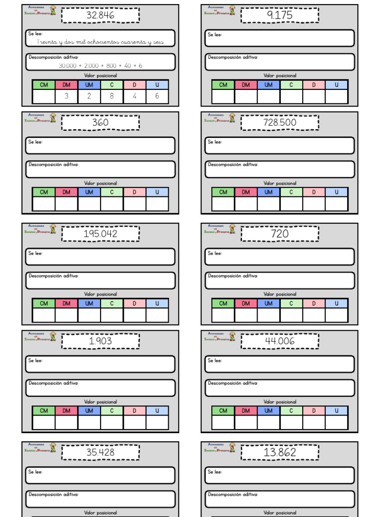 Tarjetas Plastificar Descomposicion Numerica y Valor Posicional | PDF