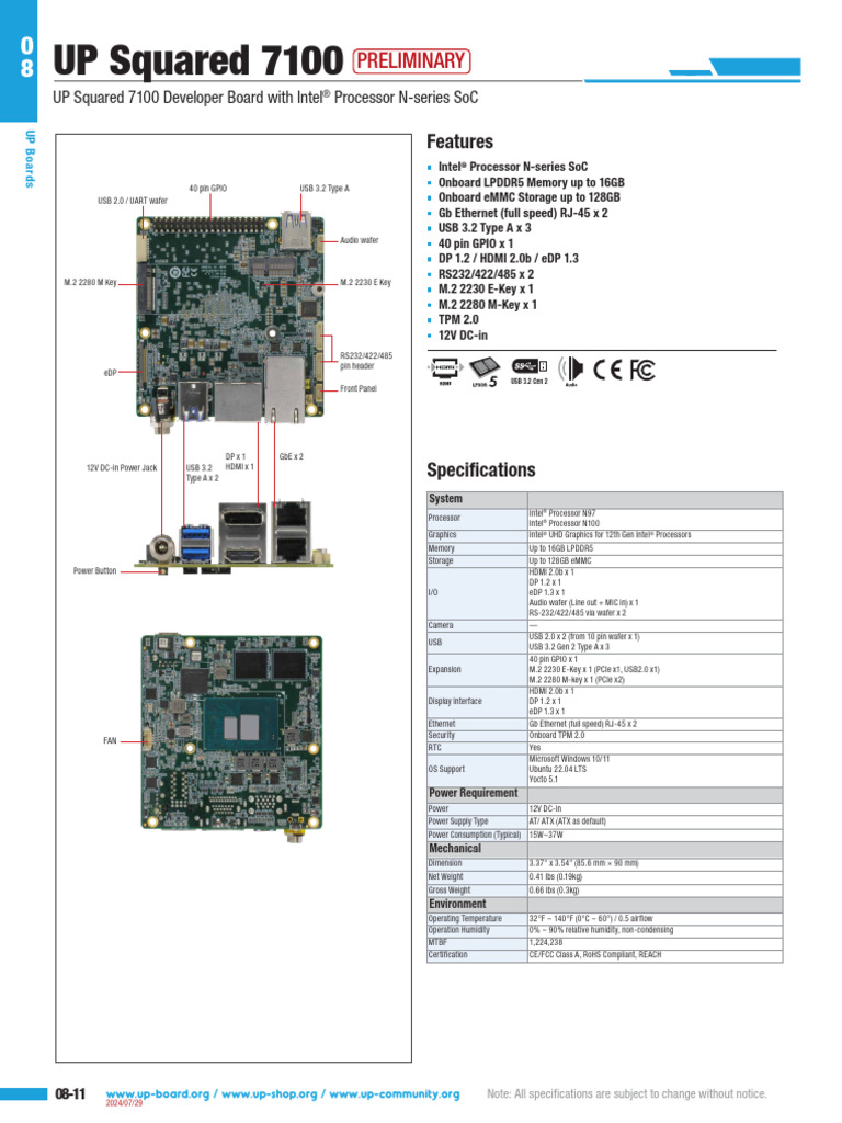 UP Squared 7100 Datasheet Preliminary | PDF | Usb | Electrical Connector
