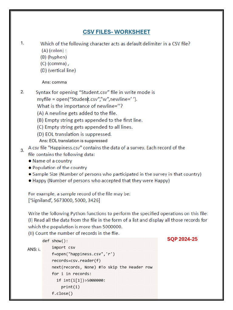 CSV Files Worksheet | PDF