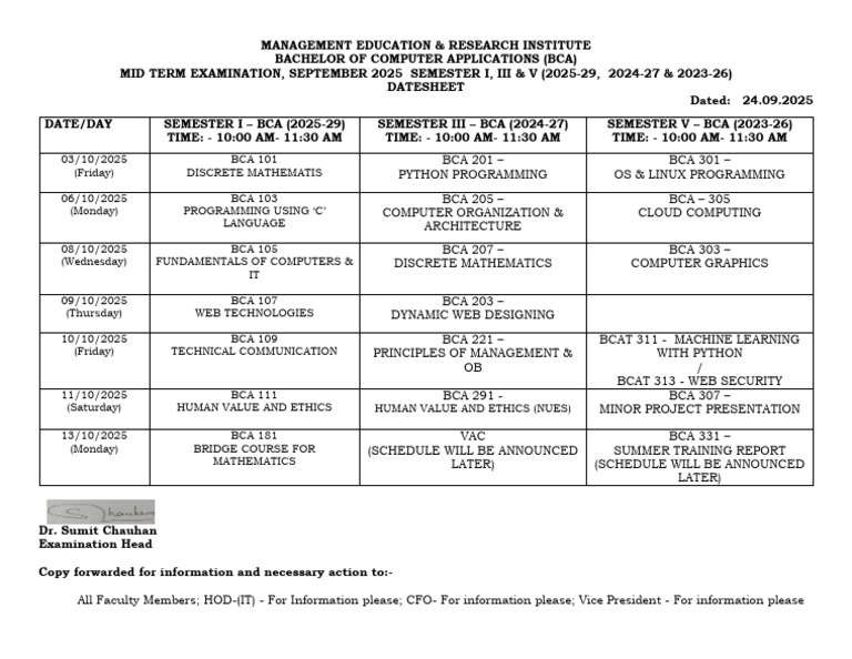 Bca Theory Date Sheet - Oct'25 | PDF | Computing | Computer Science