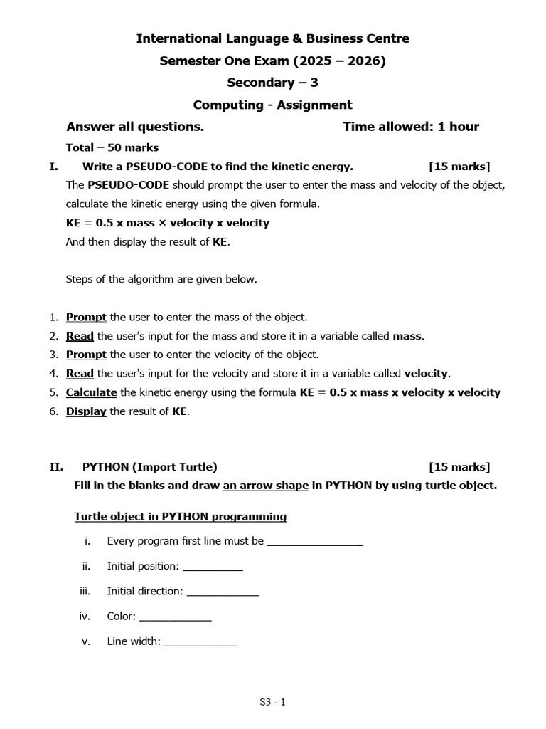 Term1 Exam Question S3 (2025-2026) - Assignment | PDF | Theoretical ...