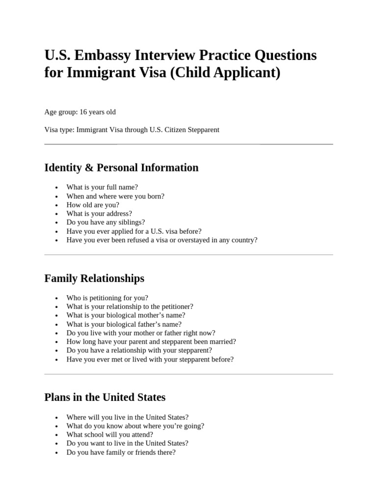 Immigrant Visa Interview Questions for Teens | PDF