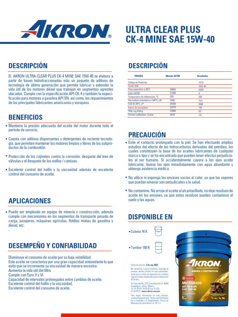 14.73 Akron Ultra Clear Plus CK-4 Mine SAE 15W-40 (1) | PDF ...