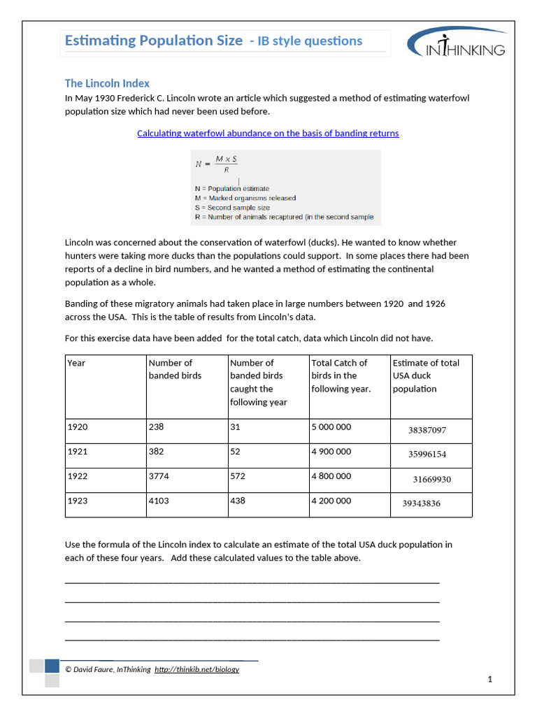 Lincoln Index for Duck Population Estimation | PDF