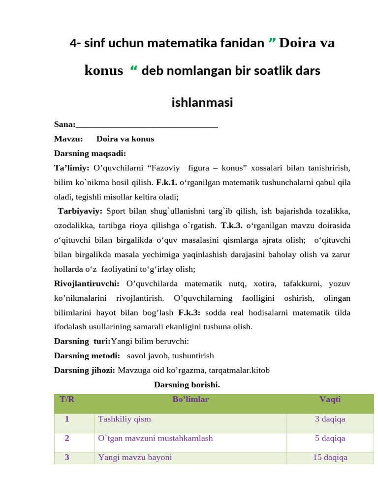 4 Sinf Matematika 124 Doira Va Konus 4-Chorak | PDF