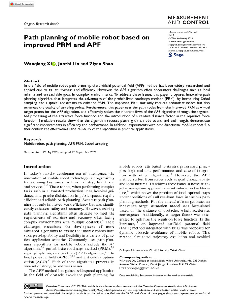 Xi Et Al 2024 Path Planning of Mobile Robot Based On Improved PRM and Apf | PDF | Force ...